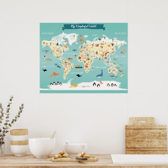 Children World Map with Illustrations Poster | Zazzle