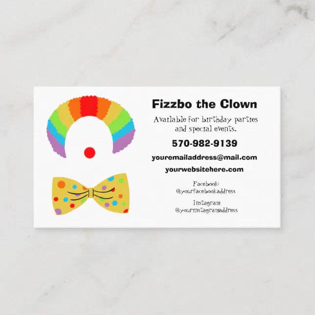 Children's Birthday Party Clown Business Card | Zazzle