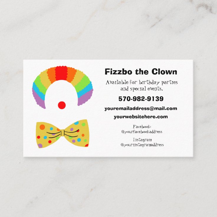 Children's Birthday Party Clown Business Card | Zazzle