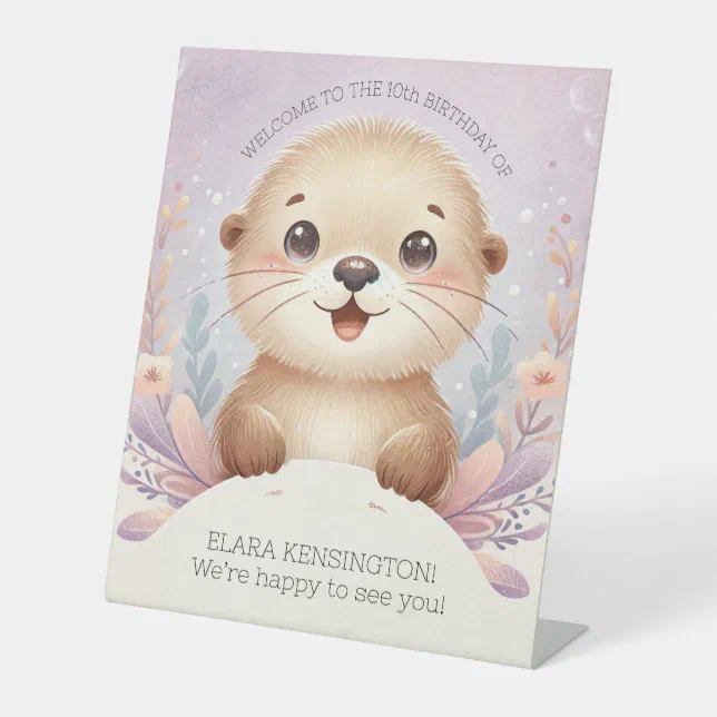 Children's Lilac Sea Otter Cute Birthday Party Pedestal Sign | Zazzle