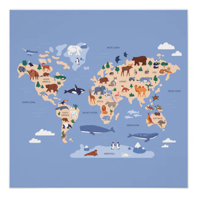 children's world map with animals poster | Zazzle