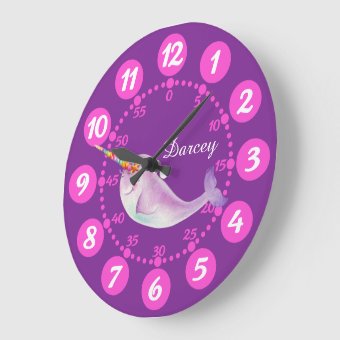 Child's cute narwhal whimsy watercolor pink purple large clock | Zazzle