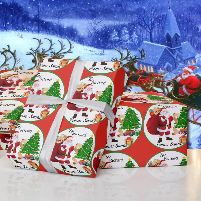 Child's NAME From Santa Claus Cute Christmas Tree Wrapping Paper | Zazzle