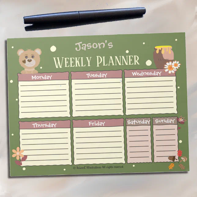 Child's Name Weekly Planner with Bear Notepad | Zazzle