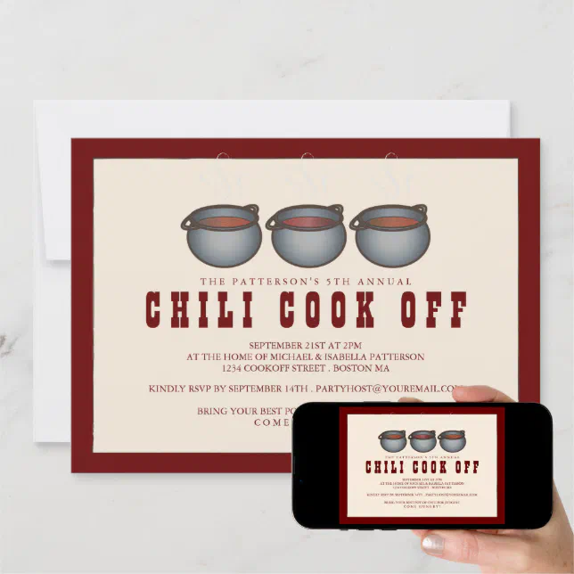 Chili Pot Trio Chili Cook Off Party Invitation | Zazzle