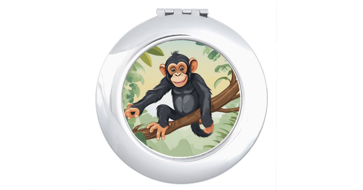 Chimpanzee with her cute tail on the branch greets compact mirror | Zazzle