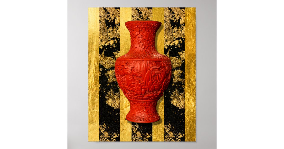 Chinese Asian Red Vase Black Gold Poster | Zazzle