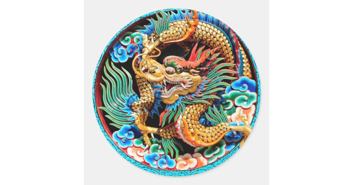 Chinese Colourful Dragon Lotus Flower Art Classic Classic Round Sticker ...