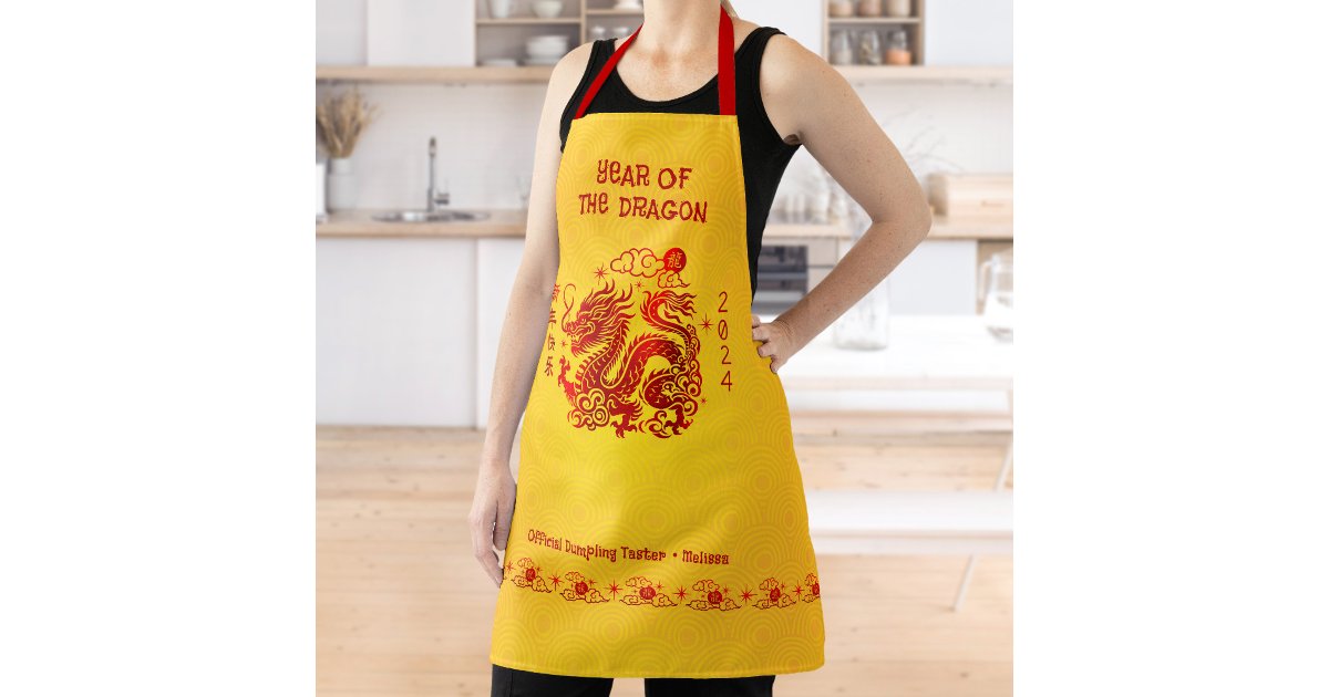 Chinese Dragon Lunar New Year 2024 Red Foil Yellow Apron | Zazzle