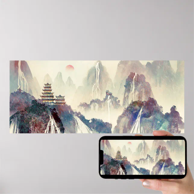 Chinese Forest Mountain Temple Ink Painting Poster | Zazzle