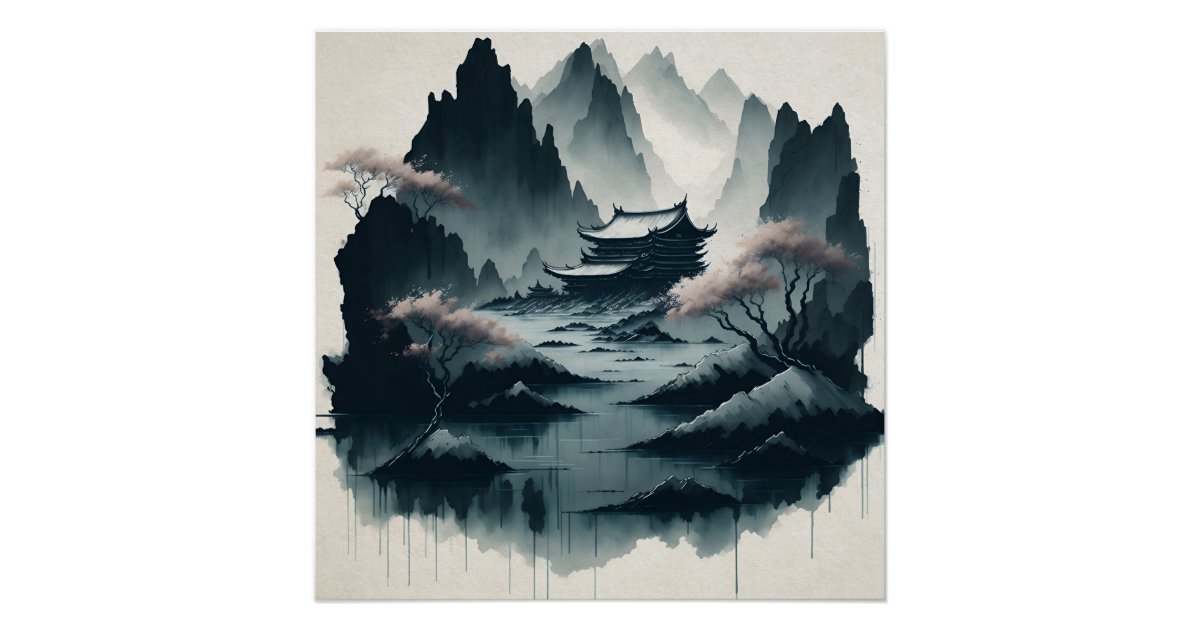 Chinese ink scroll paintings poster | Zazzle
