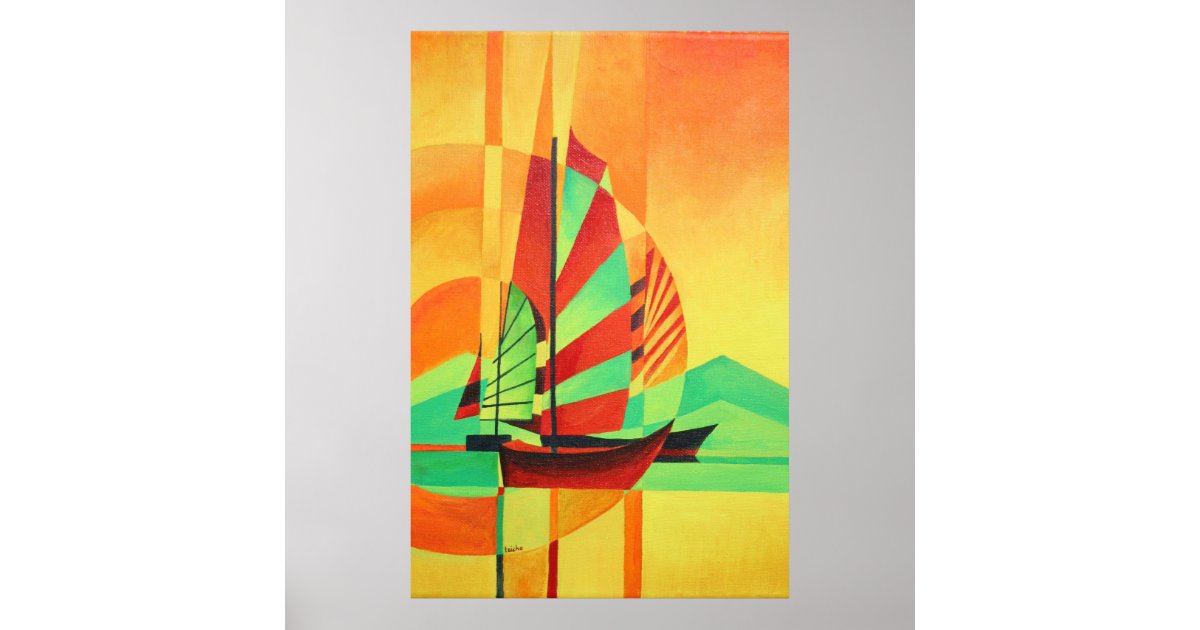 Chinese Junks Sail to Shore In Cubism Geo Art Poster | Zazzle