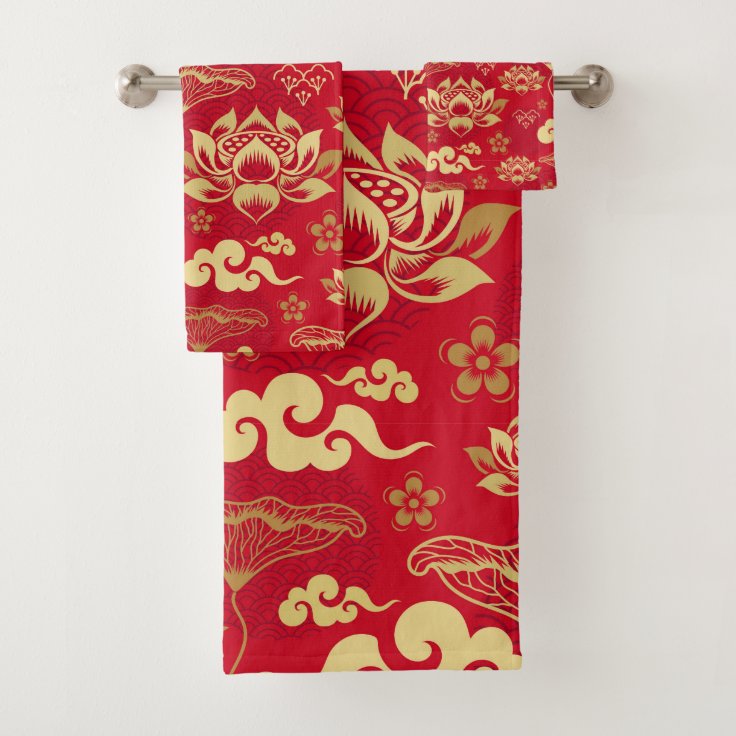 Chinese Lotus Floral Oriental Asian Pattern Trendy Bath Towel Set | Zazzle