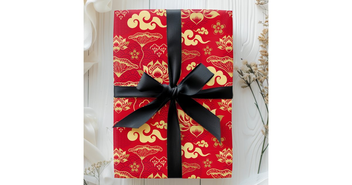 Chinese Lotus Oriental Asian Red Floral Pattern Wrapping Paper | Zazzle