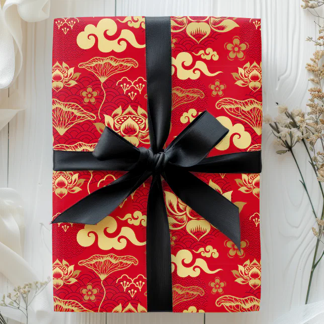 Chinese Lotus Oriental Asian Red Floral Pattern Wrapping Paper | Zazzle