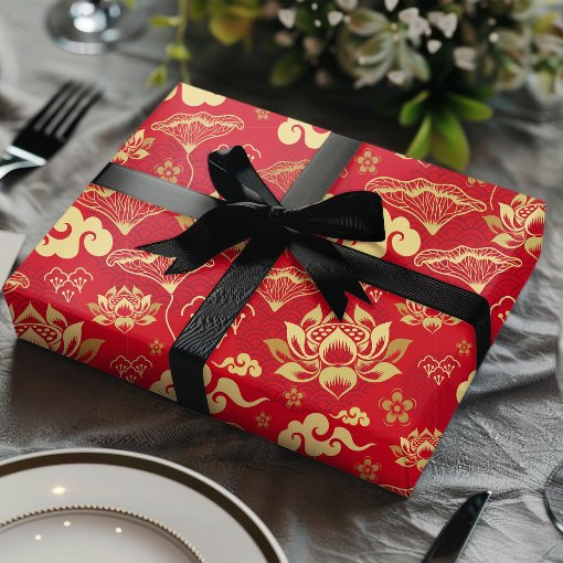Chinese Lotus Oriental Asian Red Floral Pattern Wrapping Paper | Zazzle