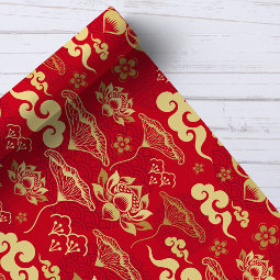 Chinese Lotus Oriental Asian Red Floral Pattern Wrapping Paper | Zazzle