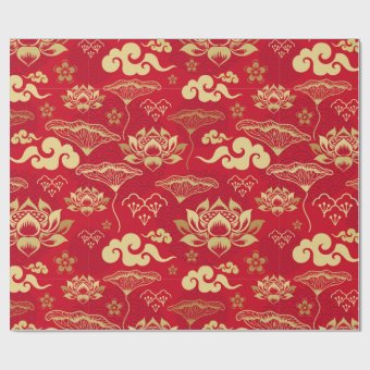 Chinese Lotus Oriental Asian Red Floral Pattern Wrapping Paper | Zazzle