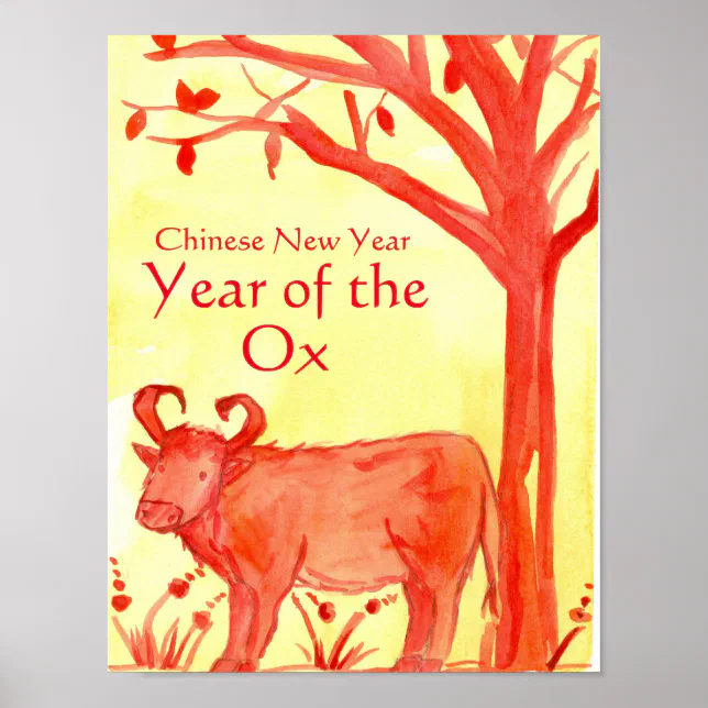 Chinese New Year of the Ox Watercolor Illustration Poster | Zazzle