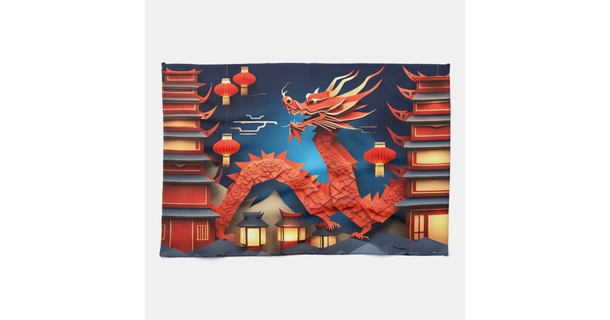 Chinese Origami Red Dragon Year KT Kitchen Towel | Zazzle