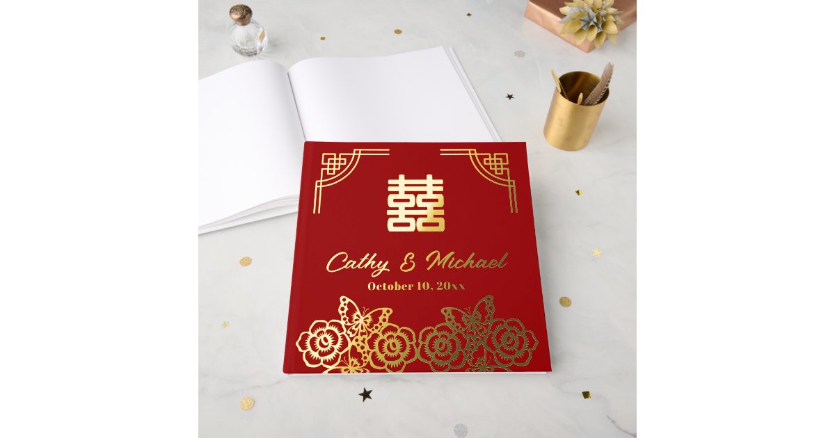 Chinese peony flower butterfly wedding papercut foil guest book | Zazzle