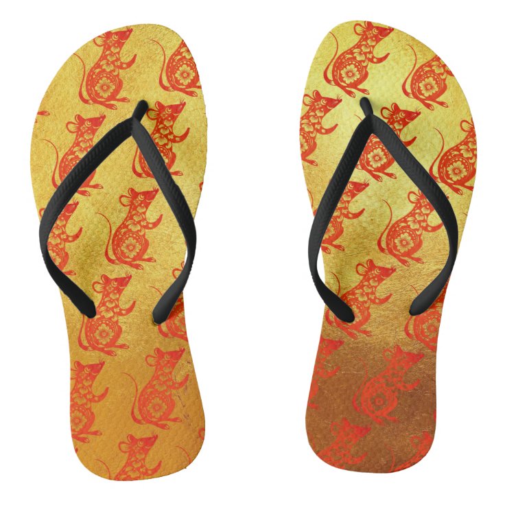Chinese Rat Year Red Papercut Gold Women Flip Flop | Zazzle