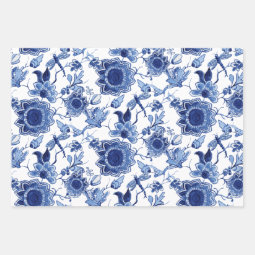 Chinese Vintage Blue and White Chinoiserie Floral Wrapping Paper Sheets ...
