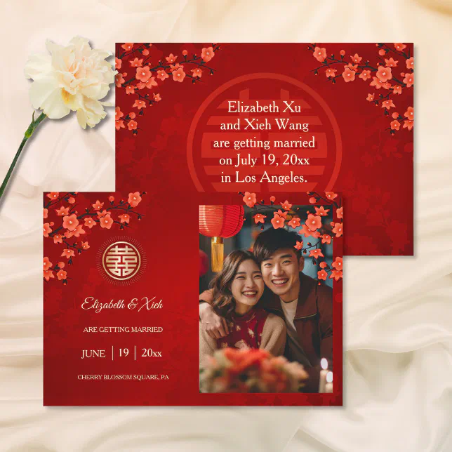 Chinese Wedding Double Happiness Cherry Blossom Save The Date | Zazzle