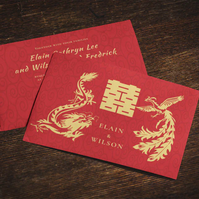 Chinese Wedding Dragon-Phoenix Double Xi Red Gold Invitation | Zazzle