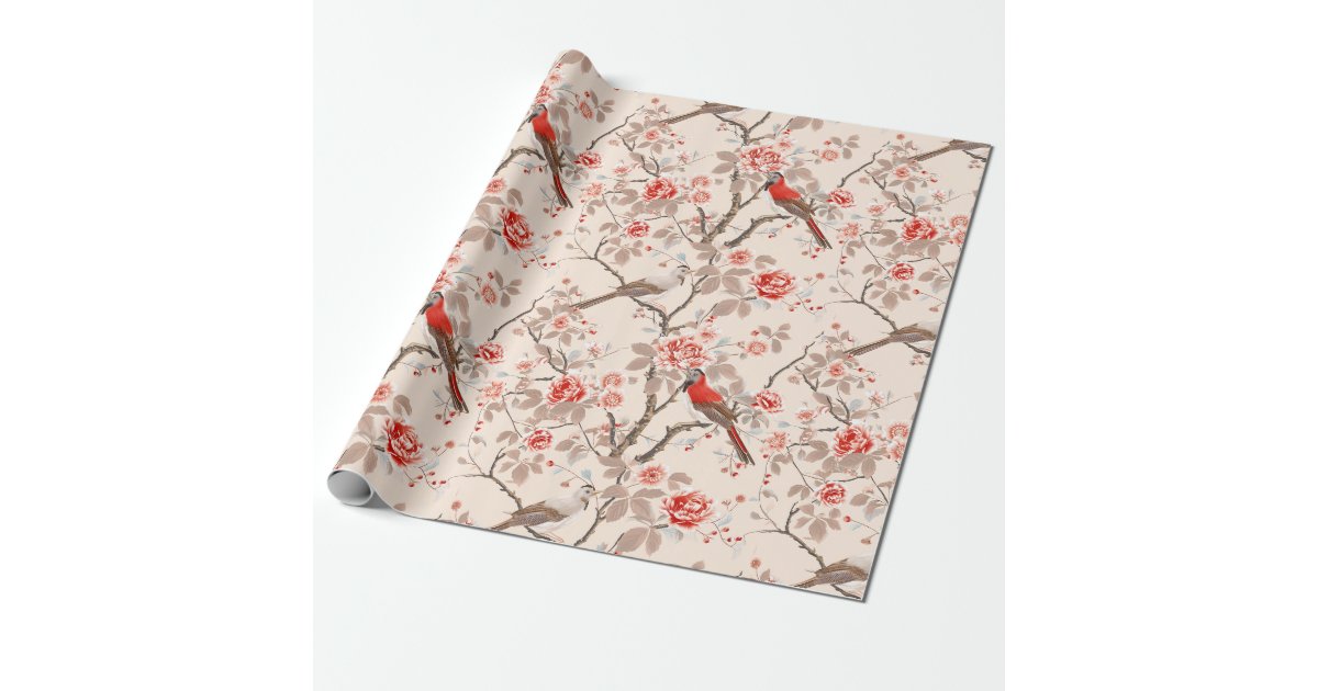 Chinoiserie Asian Red Birds Pink Flower Decoupage Wrapping Paper | Zazzle