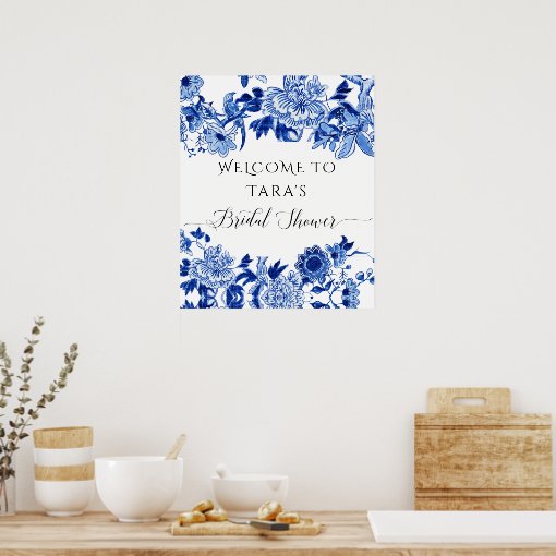 Chinoiserie Blue White Welcome Bird Foliage Bridal Poster | Zazzle