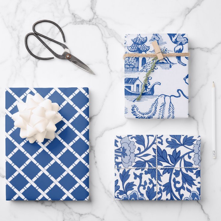 Chinoiserie Chic Bamboo | Blue and White Wrapping Paper Sheets | Zazzle