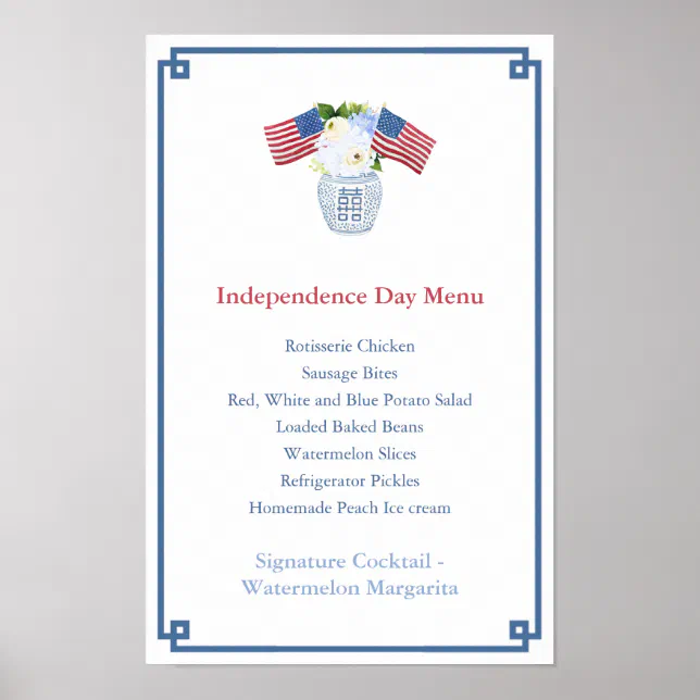 Chinoiserie Chic July 4th Party Menu Poster | Zazzle