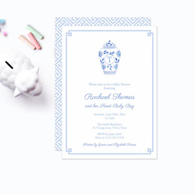 Chinoiserie Chic Monogram Sweet Baby Boy Shower Invitation | Zazzle