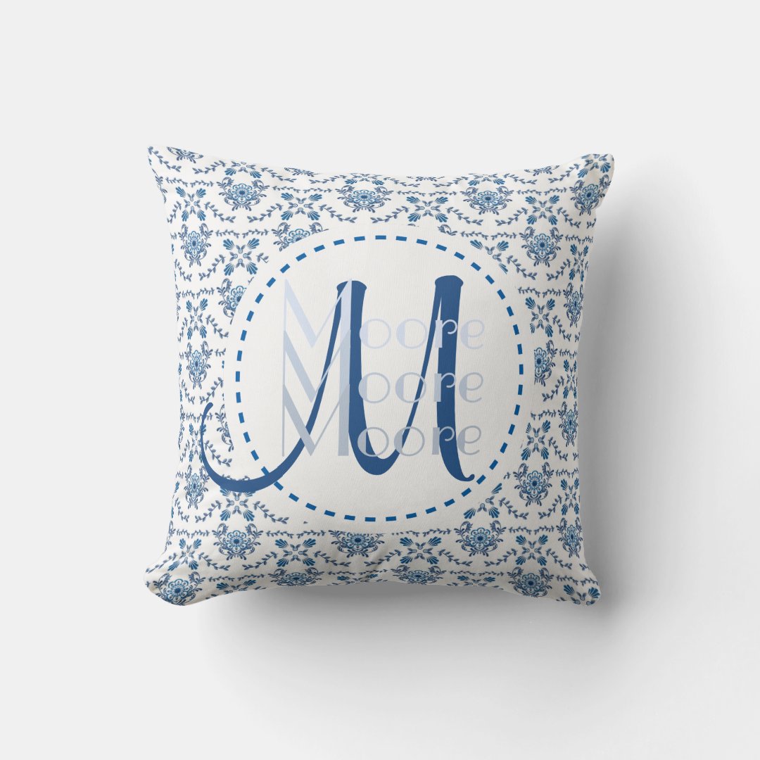 Chinoiserie Delft Blue Monogram•Custom Throw Pillow | Zazzle