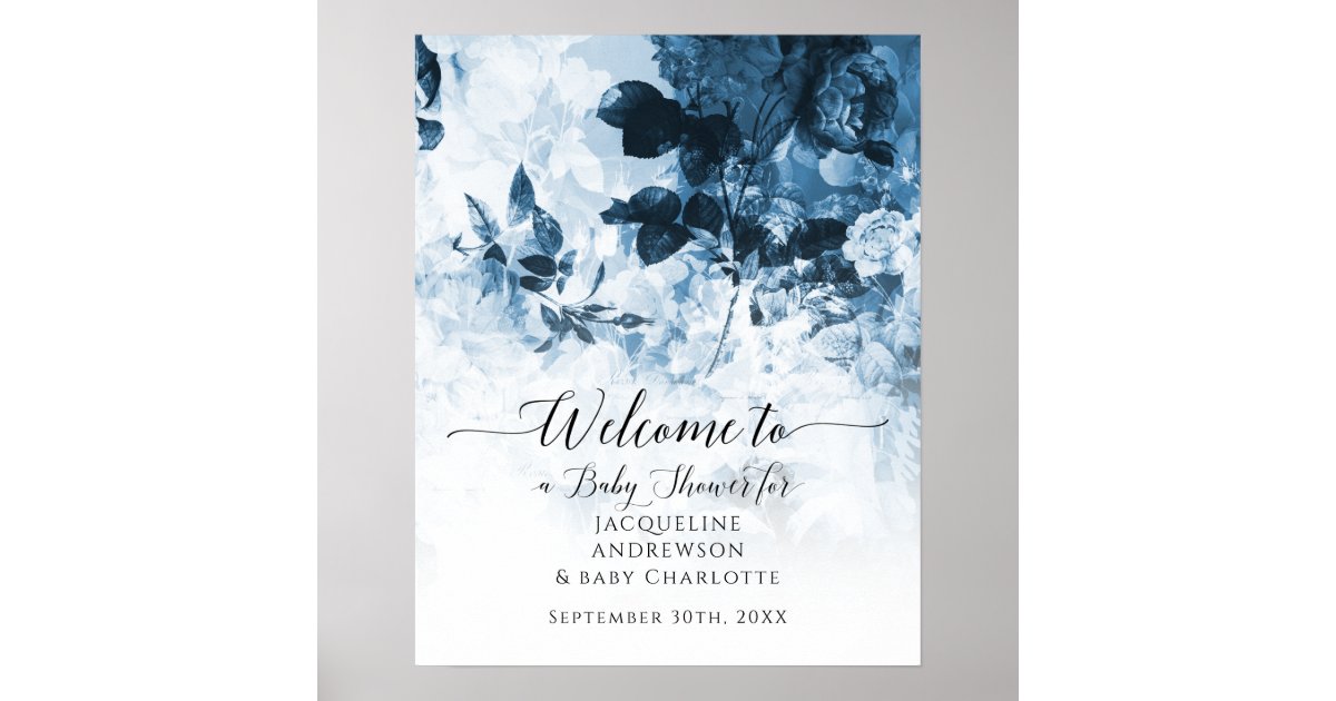 Chinoiserie Floral Blue White Welcome Baby Shower Poster | Zazzle