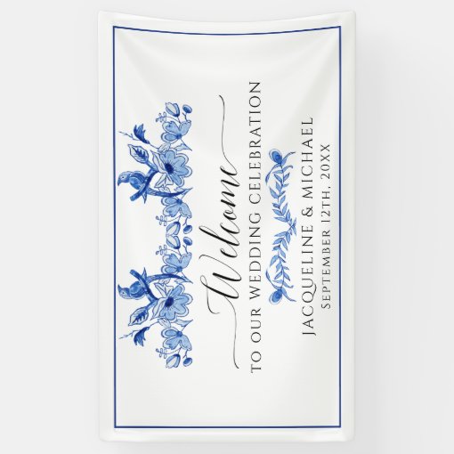Chinoiserie Floral Navy Blue White Bird Wedding Banner | Zazzle