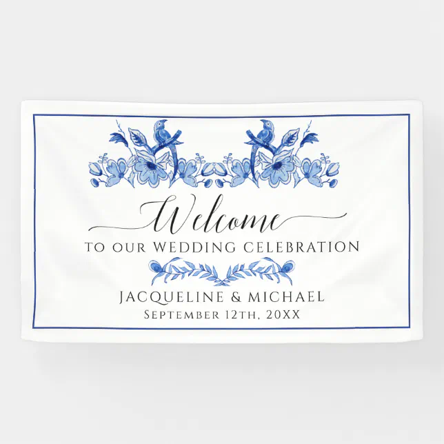Chinoiserie Floral Navy Blue White Bird Wedding Banner | Zazzle
