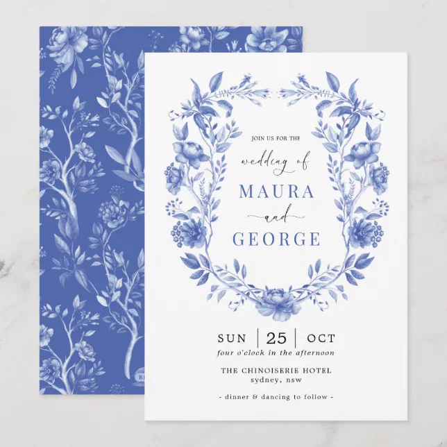 Chinoiserie Garden Delft Blue Floral Crest Wedding Invitation | Zazzle