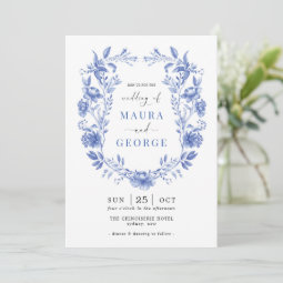 Chinoiserie Garden Delft Blue Floral Crest Wedding Invitation | Zazzle