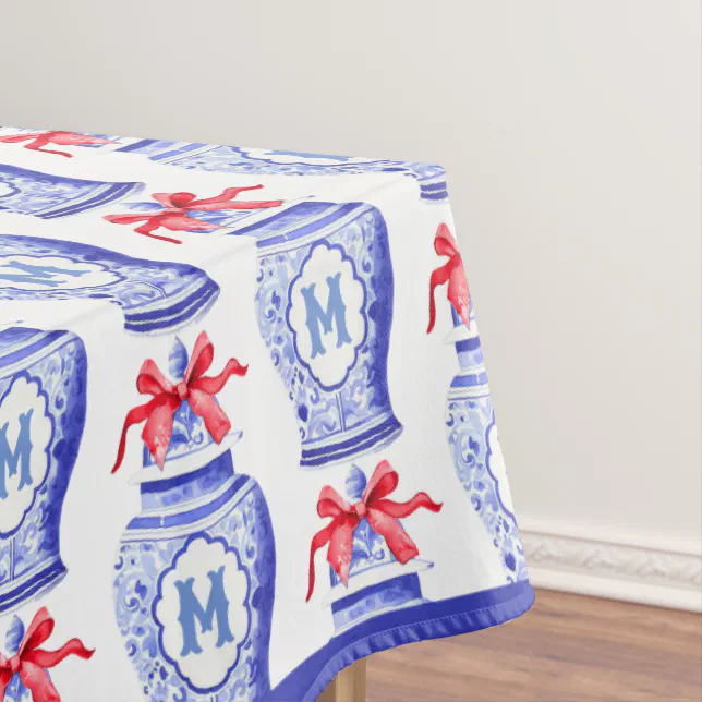 Chinoiserie Ginger Jar Monogram | Red Bow Tablecloth | Zazzle