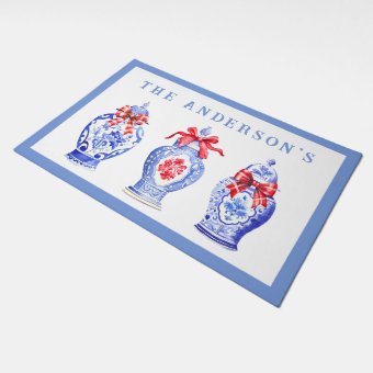 Chinoiserie Ginger Jar With Red Bow | Christmas Doormat | Zazzle