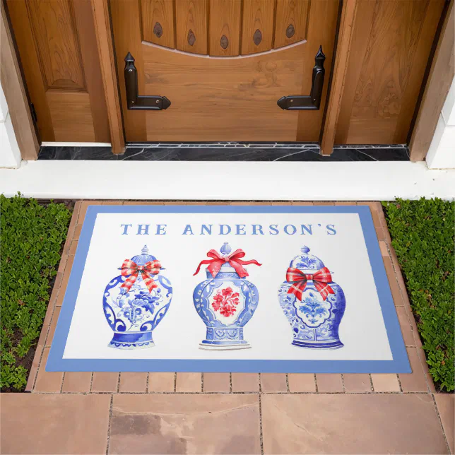 Chinoiserie Ginger Jar With Red Bow | Christmas Doormat | Zazzle