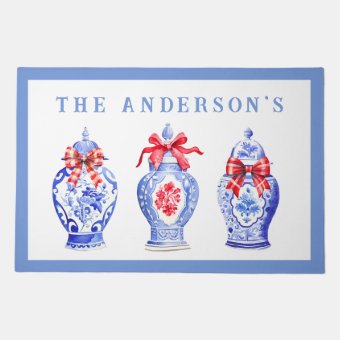 Chinoiserie Ginger Jar With Red Bow | Christmas Doormat | Zazzle