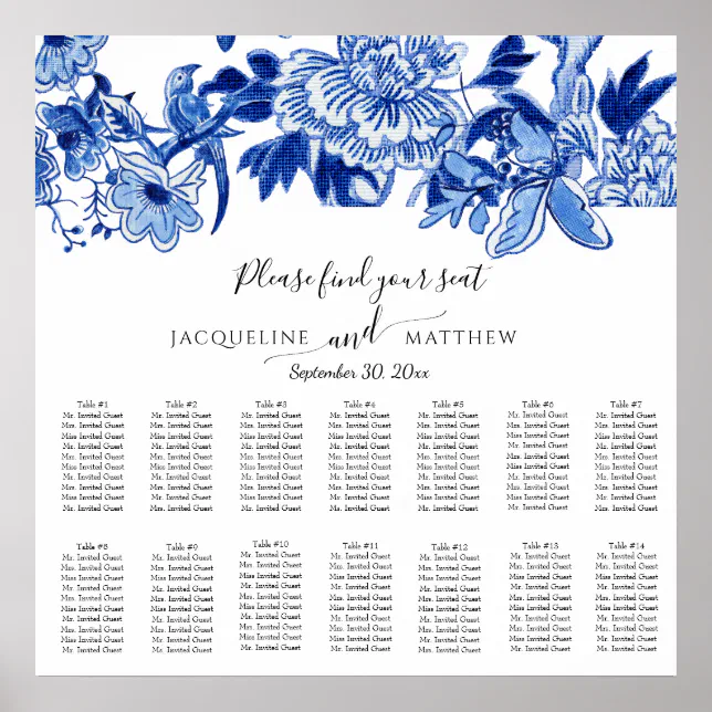 Chinoiserie Navy Blue White Floral Seating Chart | Zazzle