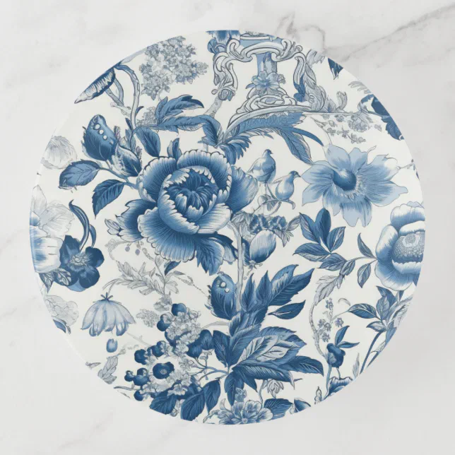 Chinoiserie Toile Blue and White Peonies Floral Trinket Tray | Zazzle