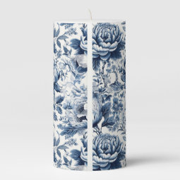 Chinoiserie Toile Blue White Peonies Floral Flower Pillar Candle | Zazzle