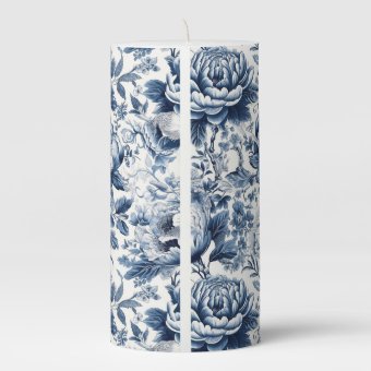 Chinoiserie Toile Blue White Peonies Floral Flower Pillar Candle | Zazzle