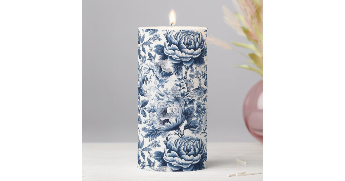 Chinoiserie Toile Blue White Peonies Floral Flower Pillar Candle | Zazzle
