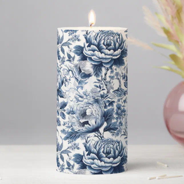 Chinoiserie Toile Blue White Peonies Floral Flower Pillar Candle | Zazzle